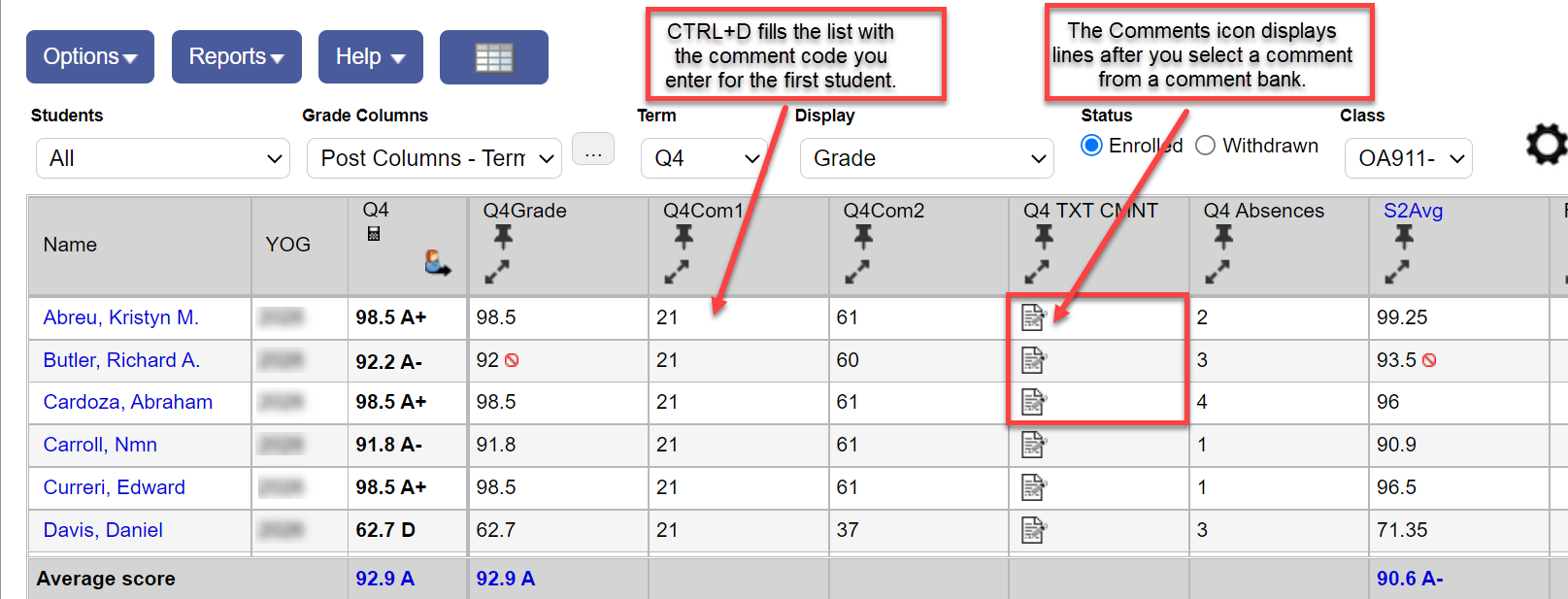 Enter report card comments in the Gradebook